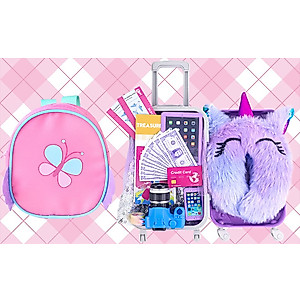 K.T. Fancy 23 pcs American 18 Inch Doll Accessories Suitcase Travel Luggage Play Set for 18 Inch Doll Travel Carrier, Sunglasses Camera Computer Phone Pad Travel Pillow Passport Tickets Cashes