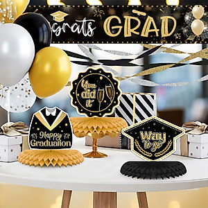 9PCS Graduation Party Decorations Class of 2024 Congrats Grad Table Centerpiece Congratulate Graduation Black and Gold Honeycomb Table Toppers for Graduation Party Supplies