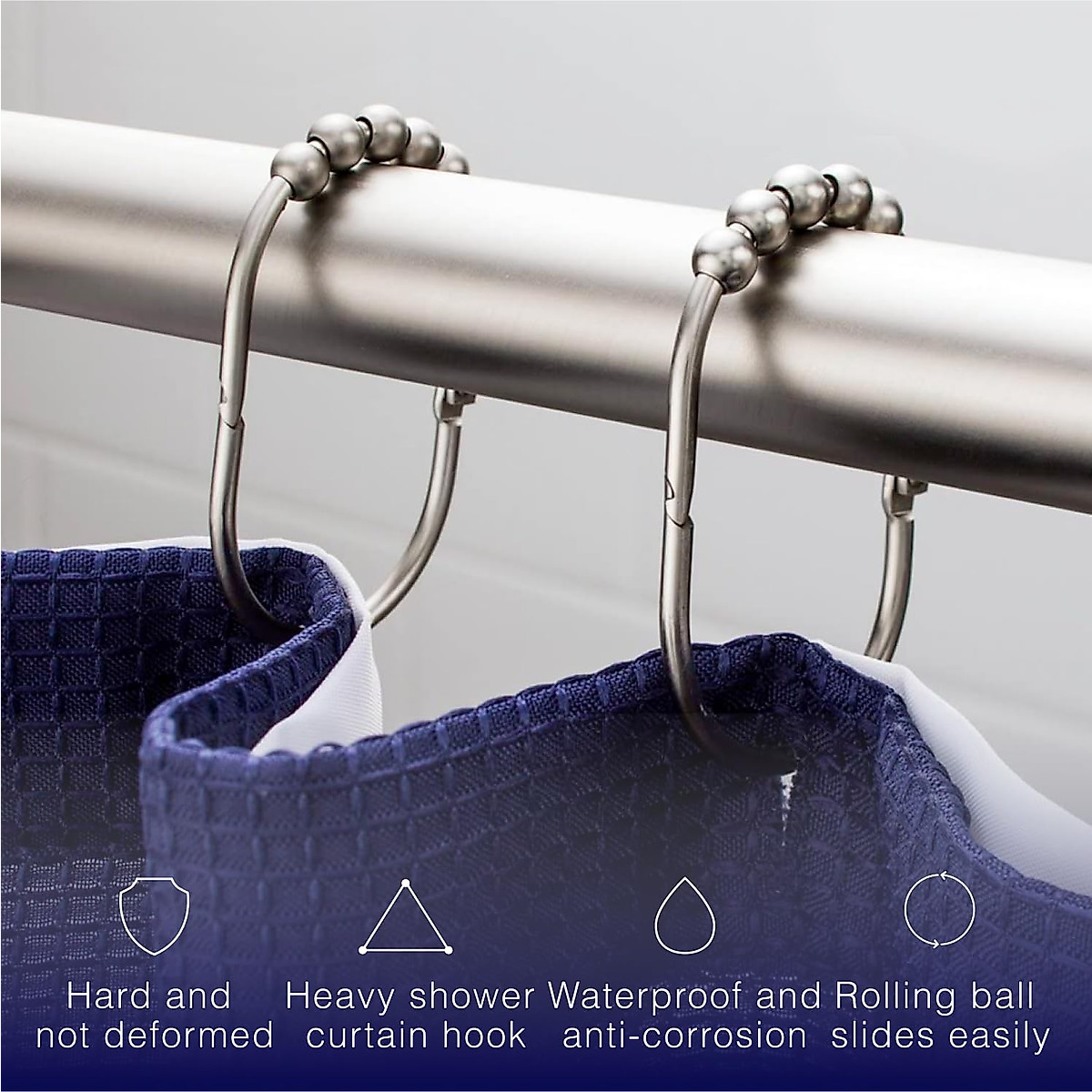 2LB Depot Wide Shower Curtain Rings/Hooks Set, Decorative Brushed Satin Nickel Finish, Easy Glide Rollers,100% Rustproof Stainless Steel, Set of 12 Rings for Shower Rods. Rust Proof Shower Hooks Rings