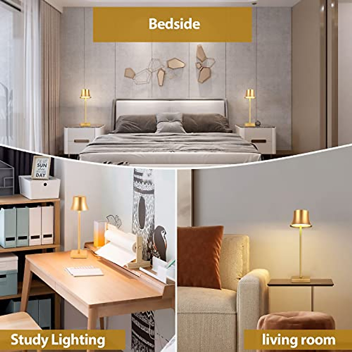 LED Desk Lamp Cordless Table Light, Rechargeable Battery Powered USB Charging Port 3 Levels Brightness Dimmable for Outdoor Modern Restaurant Dining Bedroom Study Portable Lights Set of 2 Pack Gold