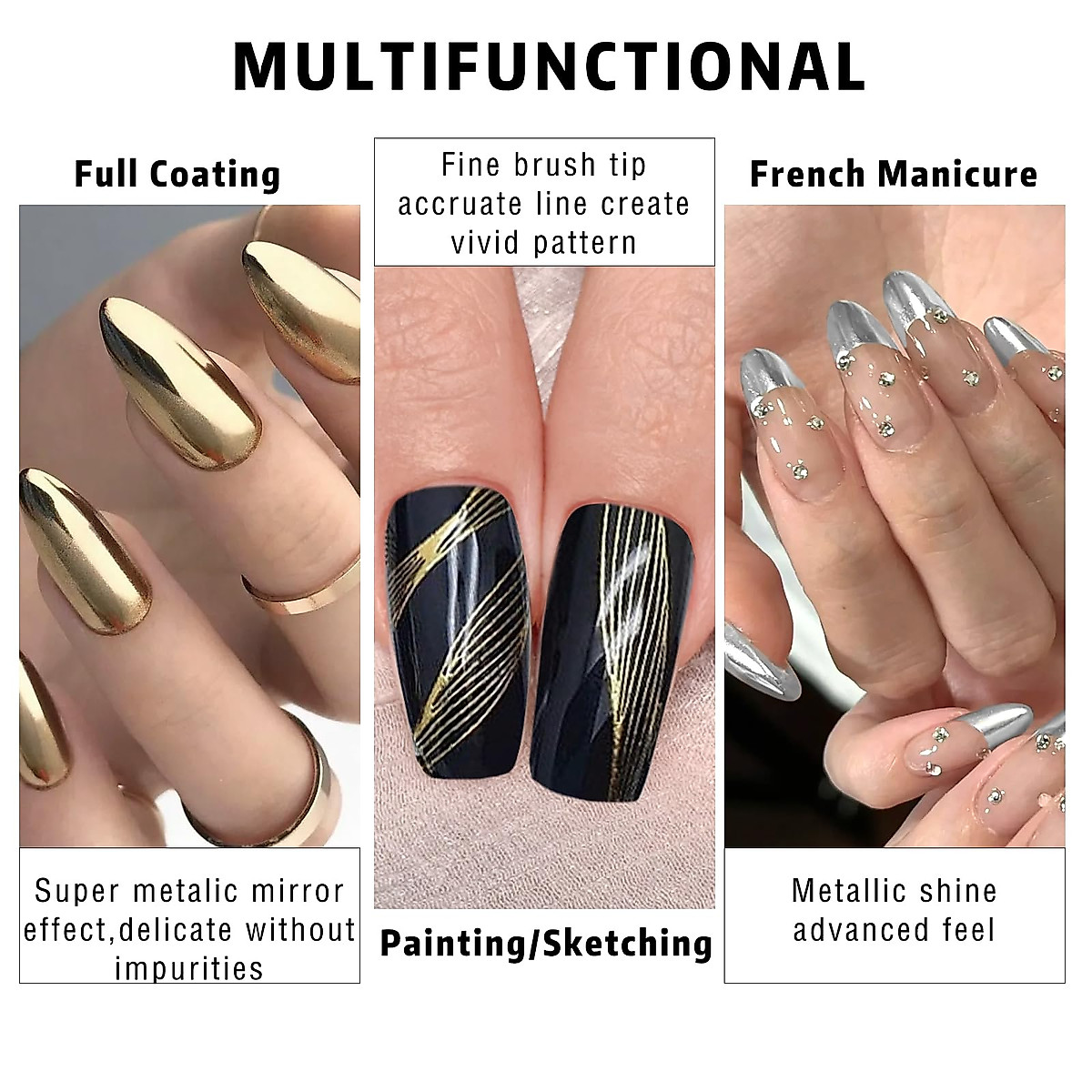 NewBang 2x12ml Metallic Painting Nail Gel Liner Polish, 3D Metal Mirror Effect Painted Drawing Nail Gel with Build in Thin Brush Glossy Chrome Gel Soak Off UV/LED Nail Art Manicure Set #Silver&Gold