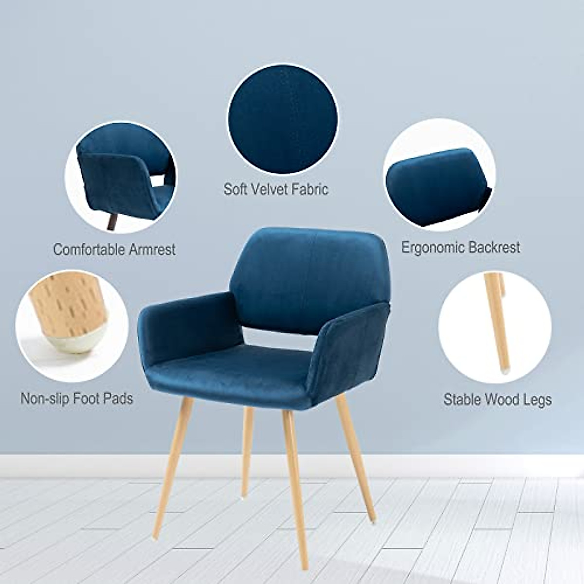 HomVent Velvet Makeup Desk Chair Vanity Chair,Modern Home Office Chair with Arms and Wood Painting Metal Leg for Bedroom Living Room Vanity Dining Room