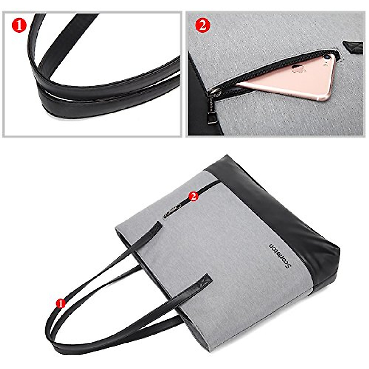 Scarleton Water Resistant Tote Bag for Women, Multi Pocket Diaper Bag, Multipurpose Casual Bag and Laptop Bag, H20550301, Grey/Black