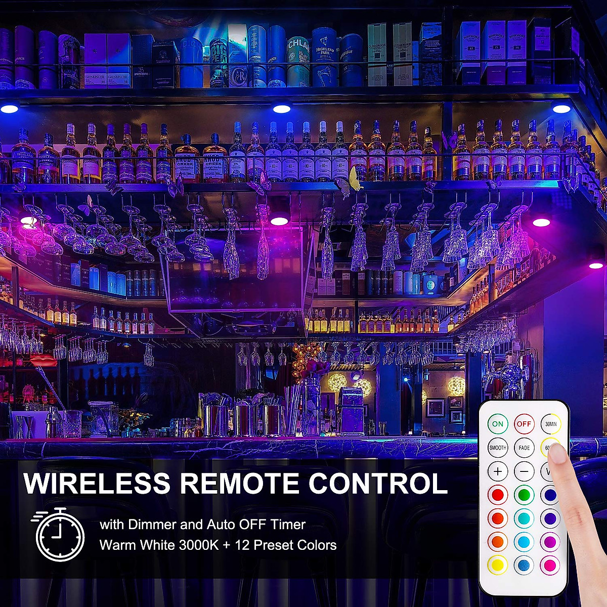 Alivation Led Under Cabinet Lighting Battery Operated Lights, 6 Puck Lights with Remote Control, Closet Lights Kitchen Cabinet Lighting Stick on Lights, 13 Color Changing Lights, Touch Push Tap Lights