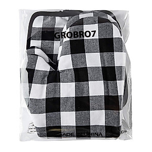 GROBRO7 6Pcs Buffalo Check Plaid Oven Mitts and Pot Holders Set Pure Cotton Heat Resistant Potholders Washable Durable BBQ Gloves with Hanging Loop for Safe Kitchen Baking Cooking Grilling White&Black