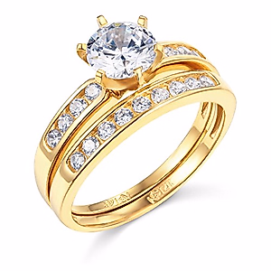 14k Yellow Gold Solid Wedding Engagement Ring and Wedding Band 2 Piece Set - Size 8