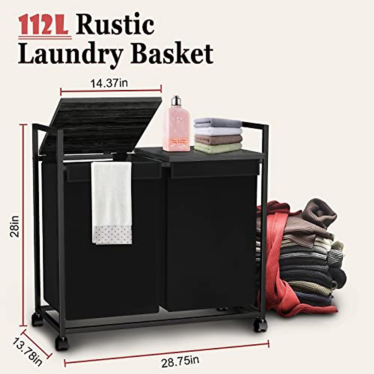 PAKLORDE Laundry Hamper with Lid,Wheels Laundry Basket Sorter 2 x 14 Gal (112L),Top Shelf,600D Oxford Sorter Bag Metal Frame Industrial for Bathroom Dorm Living Room Bedroom (Black Oak)