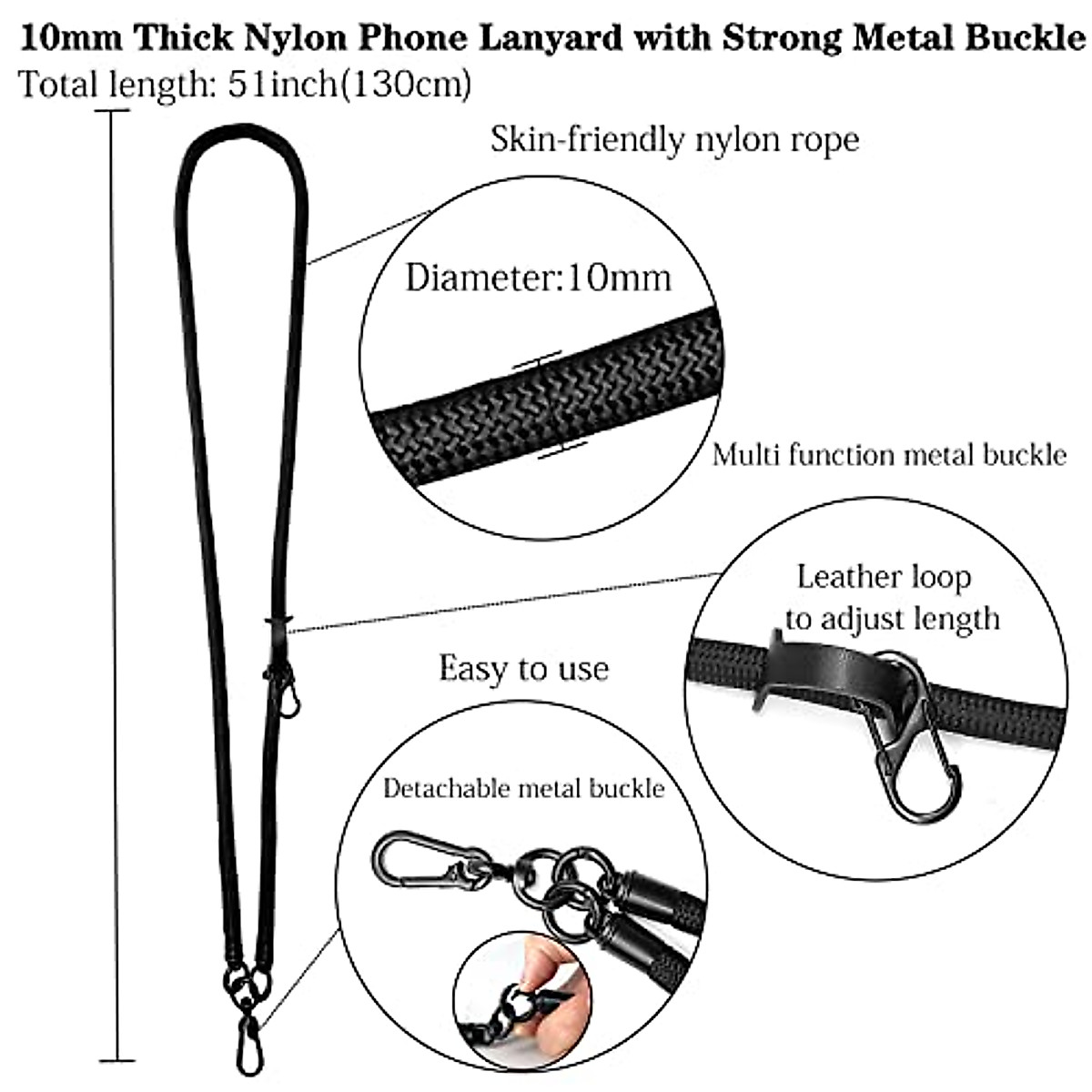 BERITNI Cell Phone Lanyard, Adjustable Length Crossbody Universal Nylon Phone Strap with Patch, Black