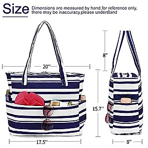 LEDAOU Beach Bag Sandproof Women Tote Bag Pool Bag with Zipper for Gym Grocery Travel with Wet Pocket (Blue White Stripes)