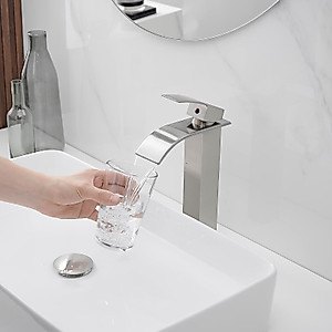 BWE Vessel Sink Faucet Modern Waterfall Brushed Nickel Single Hole Bathroom Faucet Single Handle with Pop up Drain Without Overflow Assembly Vanity Basin Bath Sink Faucets Mixer Tap Lead-Free