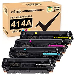 v4ink 414A Toner Cartridge [with Chip] Replacement for HP 414A W2020A 4 Packs for use in HP Color Pro MFP M479fdw M479fdn M454dw M454dn M454 M479 M455dn M480f Printer, Remanufactured Toner (4 Packs)