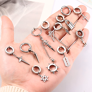 Thunaraz 25 Pcs Clip on Earrings for Men Stainless Steel Cross Chain Dangle Earrings Black Fake Earrings for Men Women Non Pierced Huggie Hoop Earrings Set