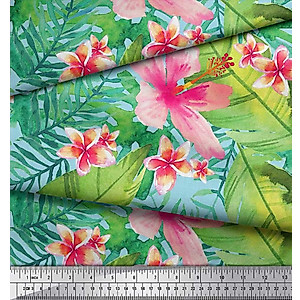 Soimoi Blue Cotton Cambric Fabric Leaves & Plumeria Flower Tropical Fabric Prints by Yard 56 Inch Wide
