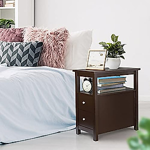 SUPER DEAL 2 Drawer End Table with Storage Shelf, Narrow 3 Tier Sofa Side Table for Living Room Bedroom Office Small Spaces, 23.6 x 24 inch Espresso