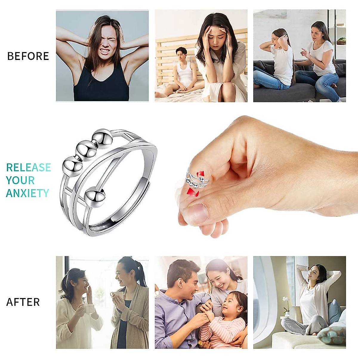 JIABA Silver Anti Anxiety Ring With Spinner Bead Relief Fidget Rings for Anxiety for Women Men Adjustable Stacking Worry Ring Rotate Rings (A)