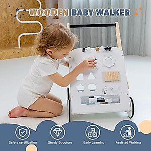 Wooden Baby Walker, Toddler Push and Pull Learning Activity Walker for Boys and Girls, Montessori Toys for 1+ Year Old, Kids Multi-Activity Learning Walker with Wheels