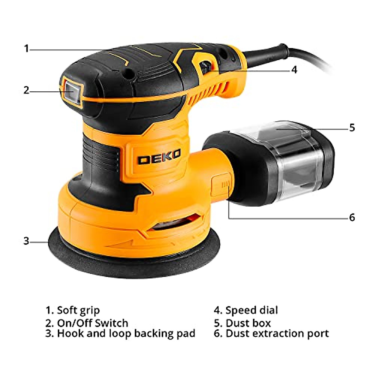 DEKOPRO Random Orbit Sander 2.5A with 16Pcs Sandpapers, 6 Variable Speed 14000RPM Electric Sander, 5 Inches Hand Sander Tool, High Performance Dust Collection System, Fit for Woodworking/Sanding