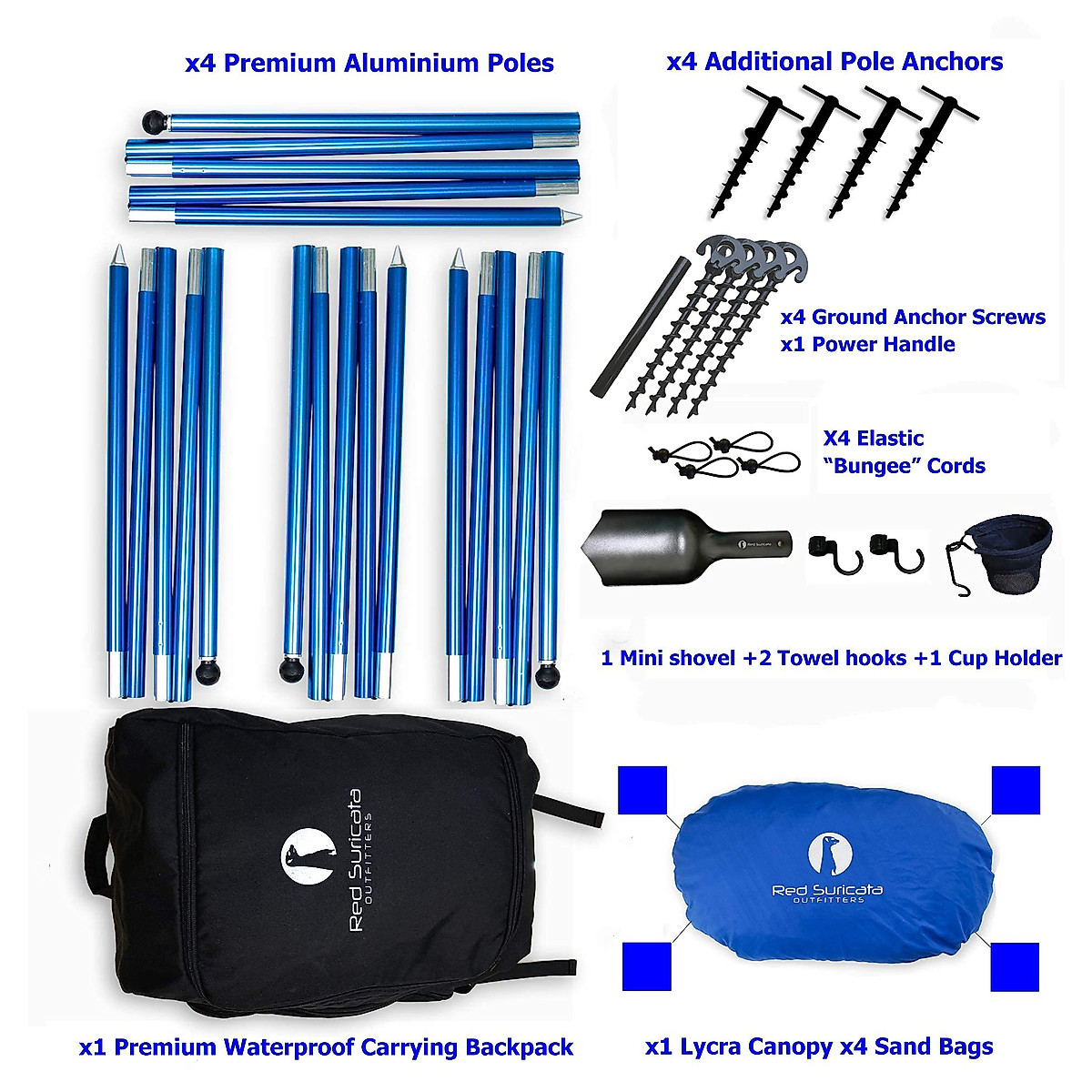 Red Suricata Premium Multi-Terrain Beach Tent & Beach Canopy in Backpack, UPF50 Sun Beach Shade, Pop Up Camping & Picnic Sunshade with 4 Poles, 4 Pole Anchors & 4 Tent Screws, Sun Shelter (Lrg Blue)