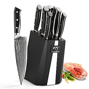 NANFANG BROTHERS Knife Set, 9 Pieces Damascus Kitchen Knife Set with Block, ABS Ergonomic Handle for Chef Knife Set, Knife Sharpener and Kitchen Shears, Knife Block Set