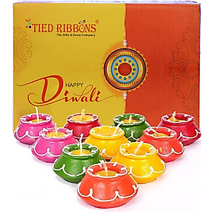 TIED RIBBONS 12 pcs Handmade Clay Diya for Diwali, Wax Filled | Traditional Homemade Diyas Tealight | Indian Oil Lamp | Diwali Decorations for Home | Terracotta Diyas | Matki Diya | Diwali Diya