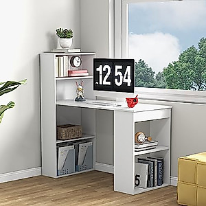 Giantex 48 Inch Computer Desk with Bookshelf, 3-in-1 Home Office Desk with 4-Tier Bookcase & CPU Stand, Space-Saving Reversible Writing Desk Work Table for Bedroom, Study Room, Office (White)