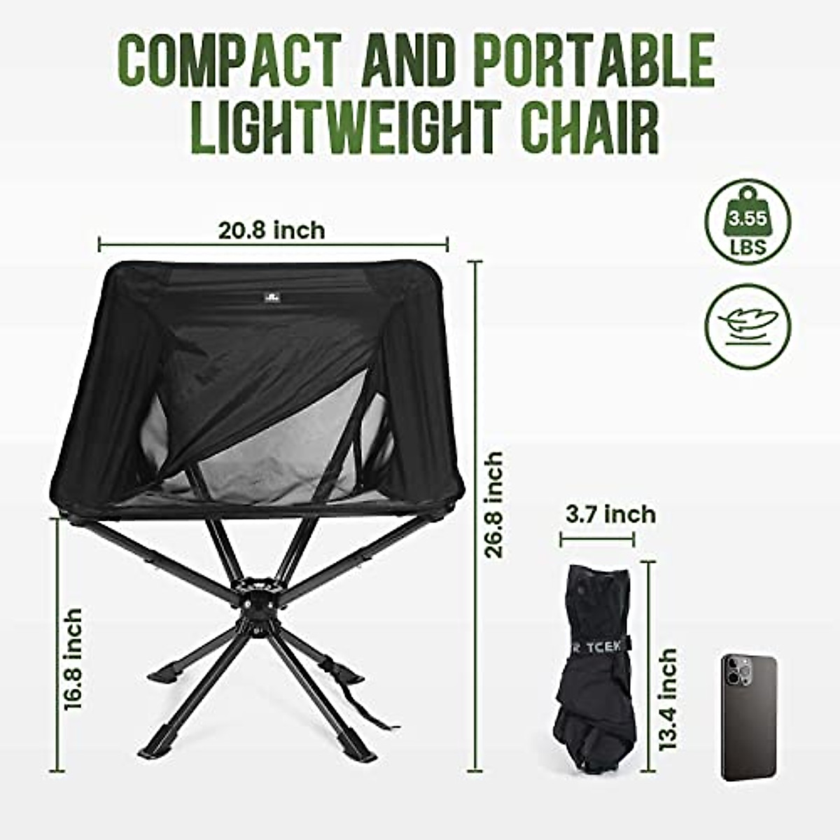 TCEK Swivel Portable Chair Camping Chairs - Small Compact Portable Chair for Adults That Setup in 8 Seconds, Lightweight Outdoor Folding Chair for Camping, Backpacking, Hiking, Beach, Support 300 LBS