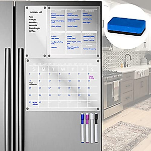 3 Planning Boards Clear White Acrylic Calendar for Fridge 8pc Set. Monthly Planner, Weekly Magnetic Calendar, Blank Dry Erase Board for Refrigerator, Magnet Markers, Eraser