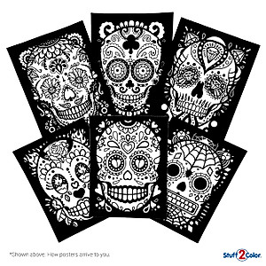 Stuff2Color Sugar Skulls Fuzzy Velvet Halloween Coloring Posters (Day of The Dead and Dia de Los Muertos) - 6 Pack - Great Halloween Arts and Craft Activity for Kids, Toddlers, Teens and Adults