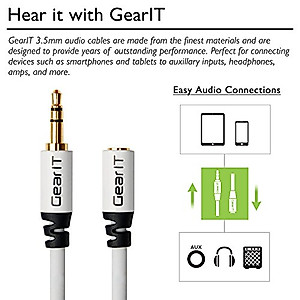 50ft 3.5mm Extension Cable, GearIT Pro Series Preminun Gold Plated 50 Feet 3.5mm Auxiliary Audio Stereo Extension Male to Female Cable, White