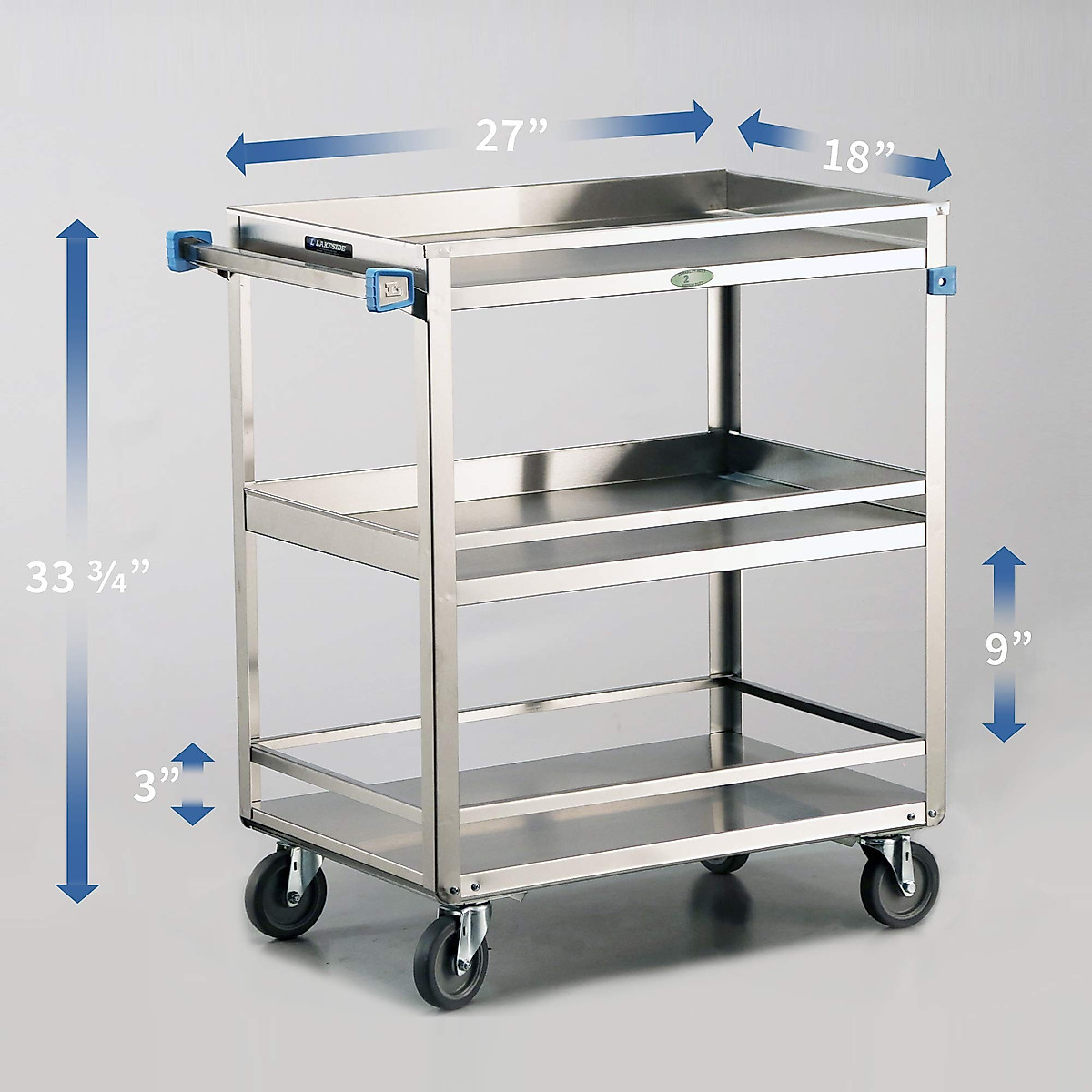 Lakeside Manufacturing 526 Guard Rail Utility Cart, Stainless Steel, 3 Shelves, 500 lb. Capacity (Fully Assembled)