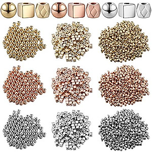 3000 Pieces Assorted Spacer Beads Include 1500 Faceted Rondelle Cube Spacer Column Bead, 900 Round Ball Spacer Bead, 600 Square Spacer Bead Charm Loose Bead for DIY Jewelry (Gold, Sliver, Rose Gold)