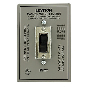 Leviton N1302-DS 30 Amp, 600 Volt, Toggle In Type 1 Enclosure Double-Pole AC Motor Starter, Suitable as Motor Disconnect, Industrial Grade, Grounded, Gray