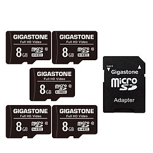 Gigastone 8GB Memory Card Pack of 5 Cards, High Read Speed up to 80MB/s. Ideal for Portable Full HD Video, U1 C10 Micro SDHC UHS-I Card with 2 Mini Cases and 1 SD Adapter.