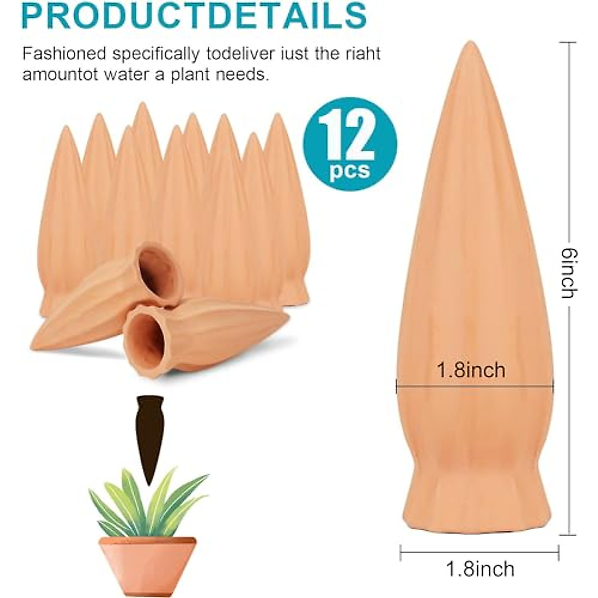 KOAMLY 12 Pcs Self Watering Spikes,Terracotta Plant Watering Devices,Terra Cotta Self Watering Planter Insert,Recycled Wine Bottle Water Plants While Away