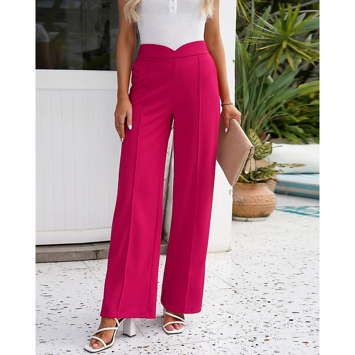 Vetinee Women Dress Pants Pink Front Crease Outfit Plus Size Elastic Waist Work Pants Boho Clothes for Women Hot Pink Size 16