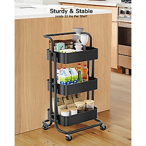 Totnz Rolling Utility Cart, 3-Tier Mesh Organization Cart with Lockable Wheels, Multi-Functional Storage Trolley for Office, Living Room, Kitchen, Laundry, Bathroom Storage, Black (TZUC01B)