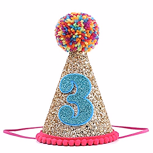 Baby's Cone Hat for 3rd Birthday Celebration - Colored Fur Balls Glitter Crown Cap with Handmade Details for Girls/Boys