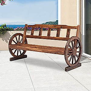 Kinsunny 3-Person Wooden Wagon Wheel Bench Rustic Wood Seat Bench Outside Rustic Benches for Patio Garden Outdoor