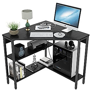 Auromie Corner Desk with Outlets & USB Ports, 90 Degree Triangle Corner Table with CPU Stand & Storage Shelves for Small Space, Computer Table with Charging Station for Home Office Bedroom (Black)