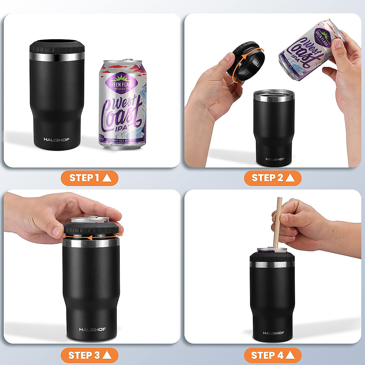 HAUSHOF 12 oz Can Cooler, 4 in 1 Insulated Stainless Steel Can Insulator, Fits for 12 oz Standard Can|12 oz Slim Can|12 oz Beer Bottle, Perfect for Camping, Beach, Picnic