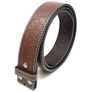BC Belts Leather Belt Strap with White Stitching and Embossed Western Scrollwork 1.5" Wide with Snaps (Brown/White-L)