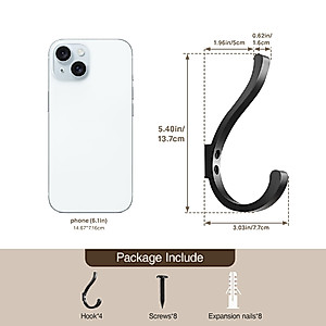 jockcaras Large Wall Hooks for Hanging Coat/Backpack - 5.4'' Huge 40LBS Heavy Duty Hanger Wall Mount Screw in, for Towel, Closet, Robe, Bag, Outdoor, Black 4 Pack