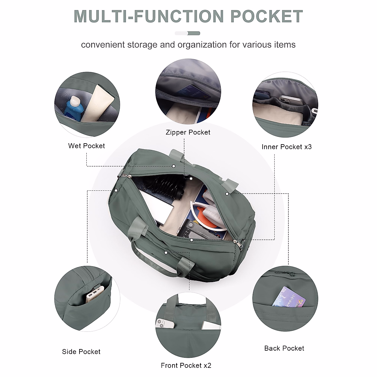 Gym Bag for Women Men with Shoe Compartment, Sport Duffel Bag, Waterproof Travel Weekender Overnight Carry on Bag for Yoga with Trolley Sleeve, Green