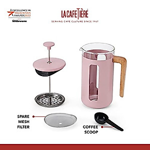 La Cafetière Pisa Cafetière, 3-Cup/350ml, Heat-Resistant Borosilicate Glass and Stainless Steel with Easy-Grip Plunger, Small French Press Coffee Maker for Loose Tea and Ground Coffee, Pink