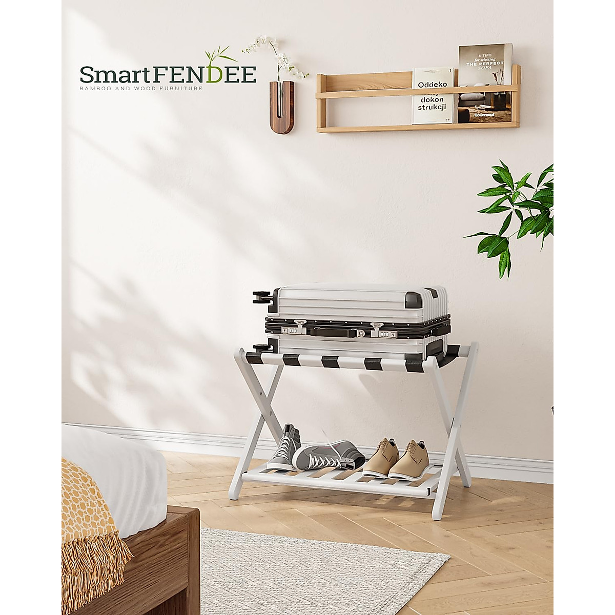 Smart FENDEE Fully Assembled White Bamboo Luggage Rack, 5 Straps Folding Suitcase Stand with Shoe Shelf, Heavy Duty Wood Large Luggage Holders for Guest Room, Bedroom, Hotel