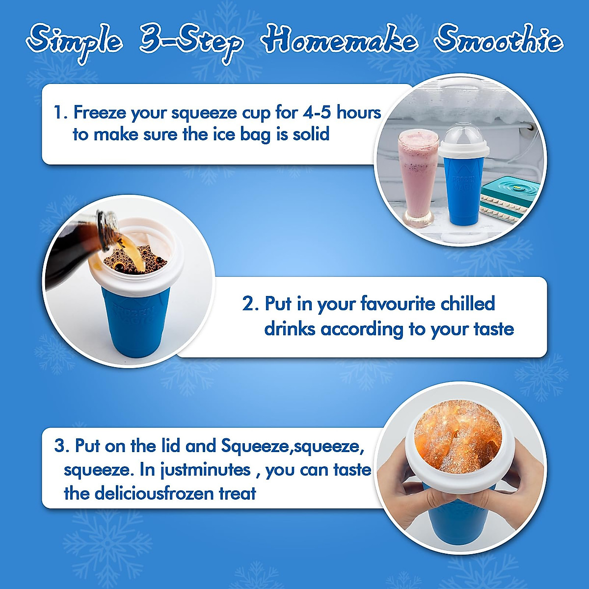 Slushy Maker Cup - DIY Magic Slushy Maker Squeeze Cup, Portable Smoothie Squeeze Cup for Juices, Milk and Ice Cream Make, Double Layers Silicone Slushie Cup with Straw for Friends,Family Gifts(Blue)