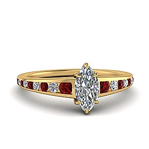 Jewelryonclick Graduated Channel Diamond Ring Yellow Gold Plated Created Ruby Marquise Shape Red Color Side Stone Engagement Rings Channel Setting in Size 5 Casual Wear for Gift