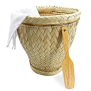 PANWA Sticky Rice Cooking Set Aluminum Cook Pot Standard Diameter (22 cm), Thai Bamboo Village Vintage Steamer Basket 9 Inch Diameter with 24’’ Round Reusable Cheesecloth and Wicker Lid