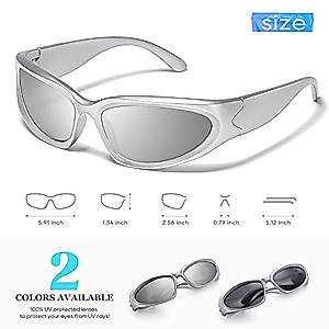 JASPIN Y2K Wrap Around Sunglasses for Women Men Sliver Oval Fashion Trendy Sport Shades UV400 Eyeglasses