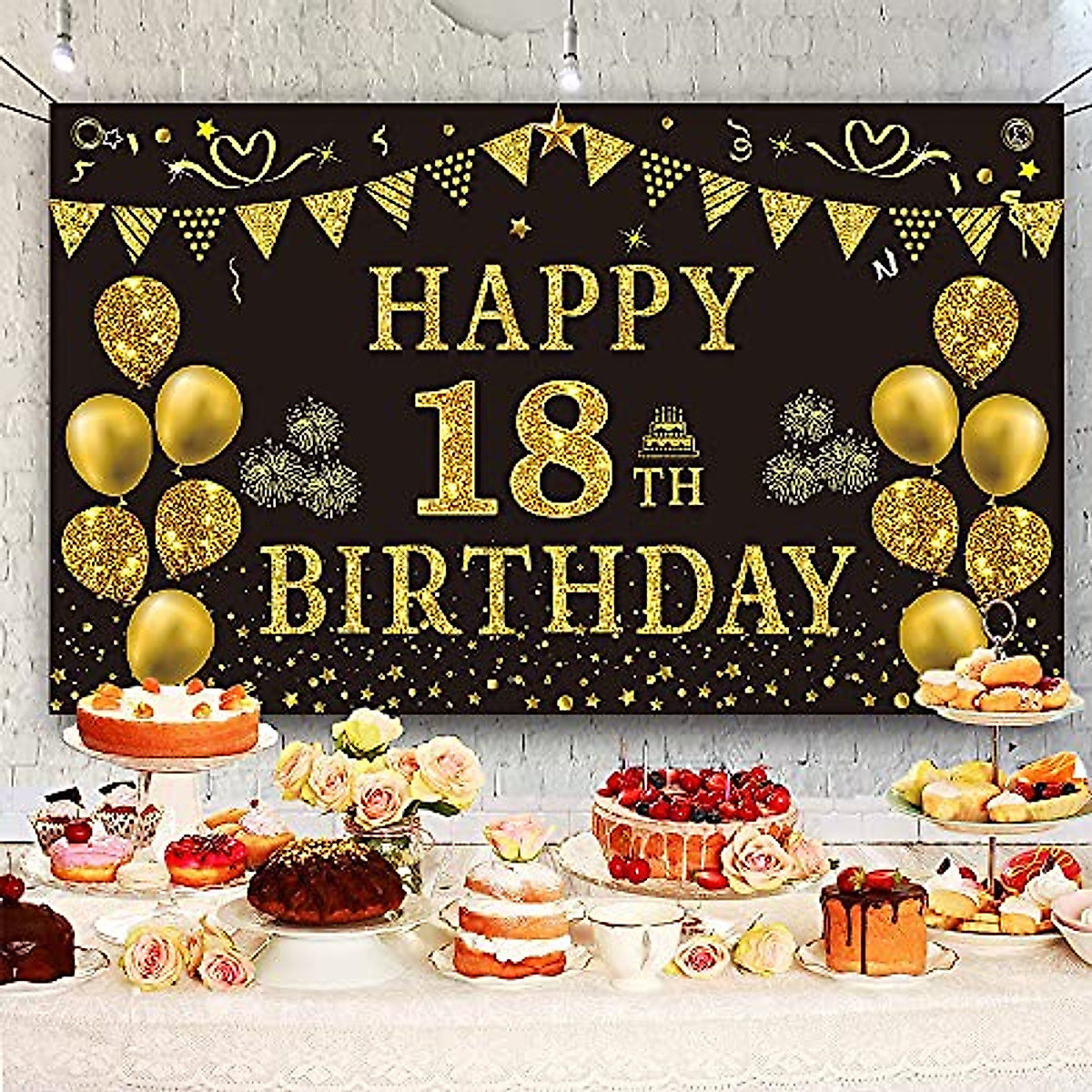 Trgowaul 18th Birthday Decorations for Men - Black Gold 18th Birthday Backdrop Banner 5.9 X 3.6 Fts Happy 18th Birthday Decorations for Boys Photography Supplies Background Birthday Party Decorations